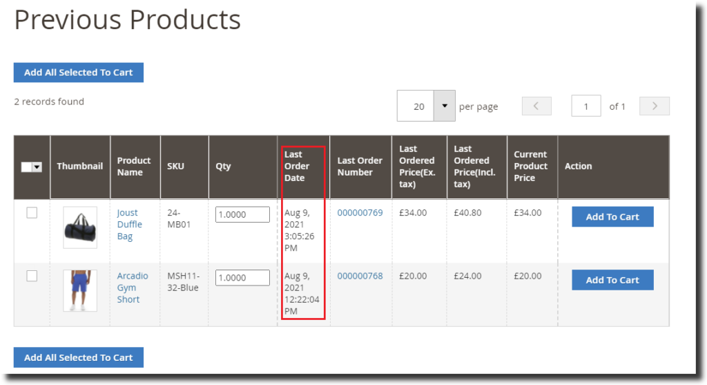 Magento 2: Reorder Previously Purchased Products from single page view